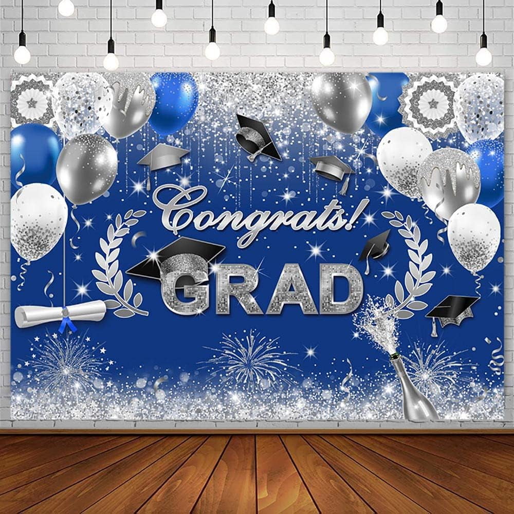 HYKE 7x5ft Congrats Grad Backdrop Blue Silver Glitter Graduation ...