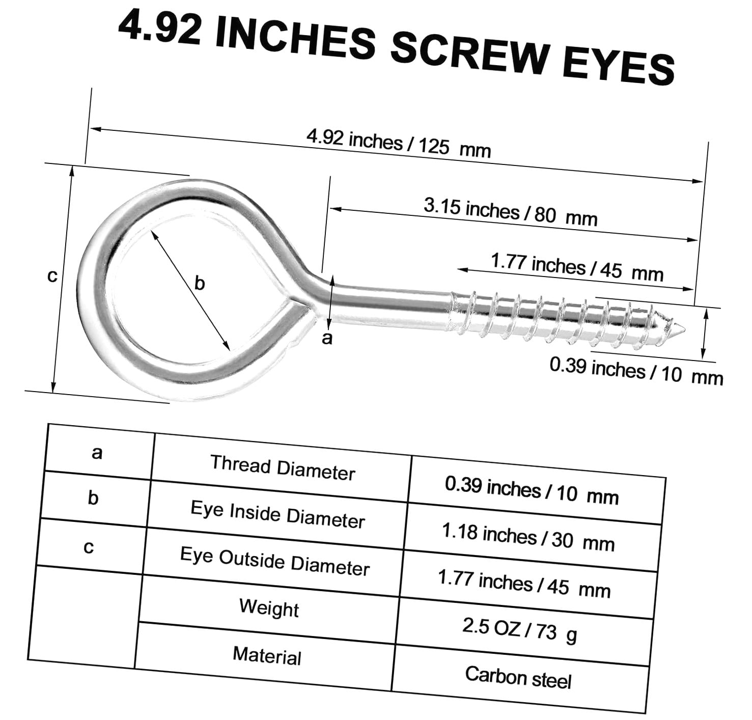 HYKE 8-Piece 5-Inch Eye Screw Set, Heavy-Duty Steel Eye Bolts with 500 ...