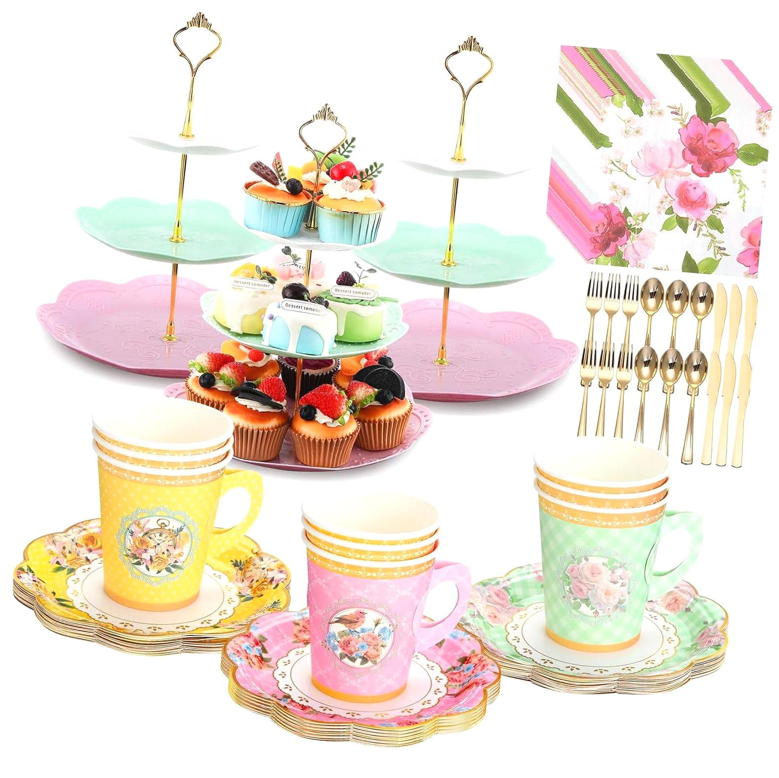 HYKE 83 Pcs Floral Tea Party Set Include 12 Sets 9 oz Floral Paper Cups ...