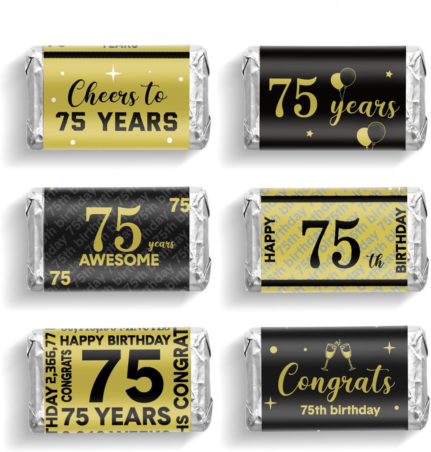 HYKE 90 Pcs 75th Birthday Candy Bar Wrars Black and Gold Stickers ...