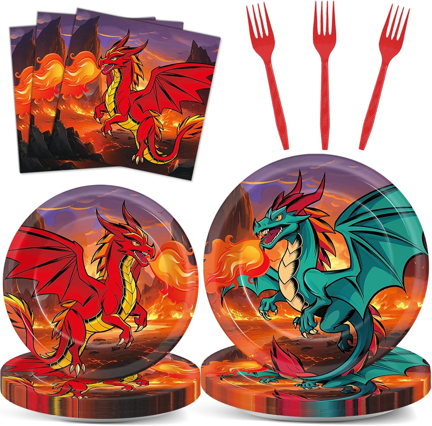 HYKE 96Pcs Dragon Party Plates and Napkins for Magical Birthday ...