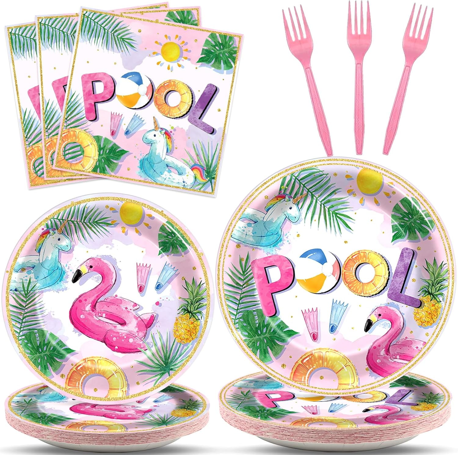 HYKE 96Pcs Pink Pool Party Plates and Napkins Summer Beach Birthday ...