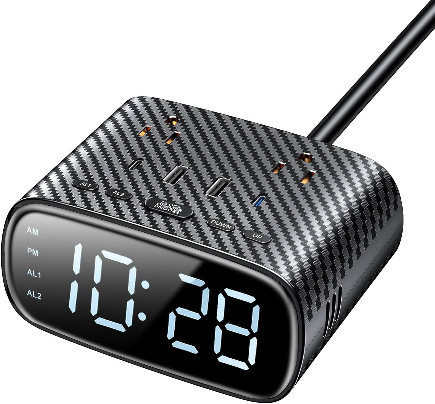 HYKE Alarm Clock with 2 USB-C, 2 USB-A Chargers Power Strip 2 Outlets ...