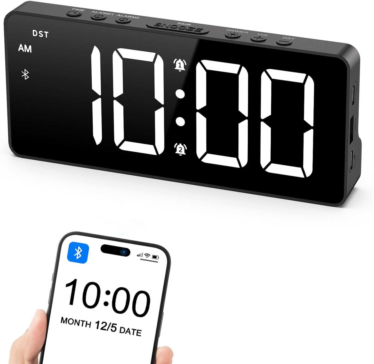 HYKE Alarm Clocks for Bedrooms - Bluetooth Sync Time Alarm Clock, Digital Clock Large Display ...