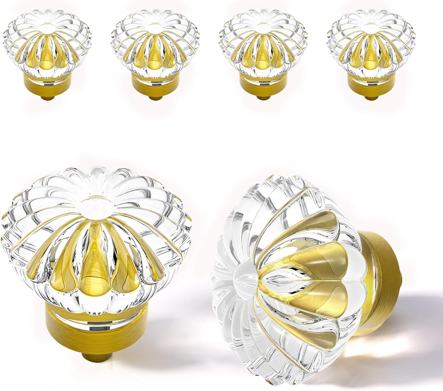 HYKE Antue Brass Crystal Cabinet Knobs Cabinets Knob, 4 Pack Flower Vintage Glass Clear Crystal ...