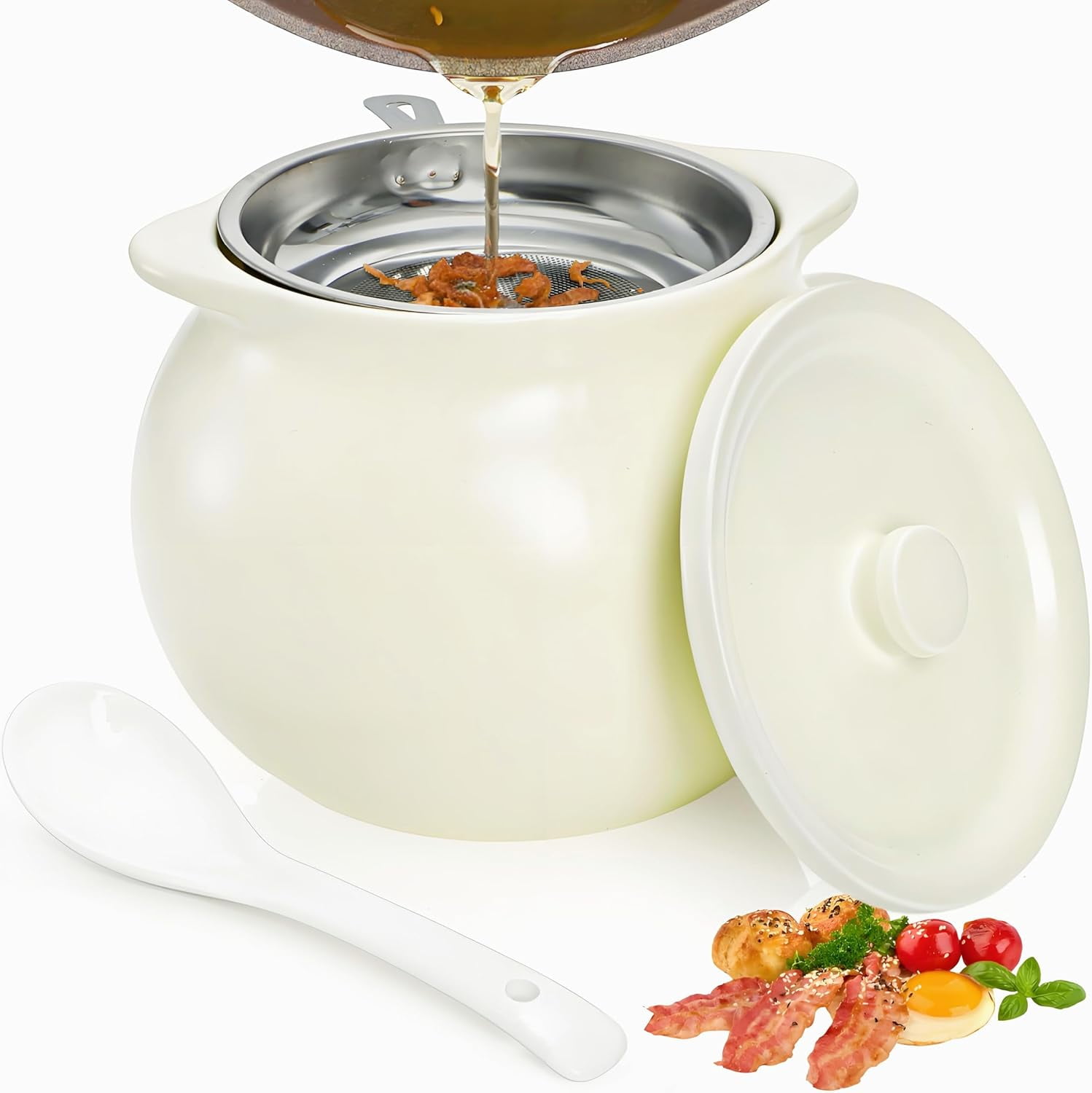 HYKE Bacon Grease Container with Strainer, 47 Oz Ceramic Coo Oil Saver ...