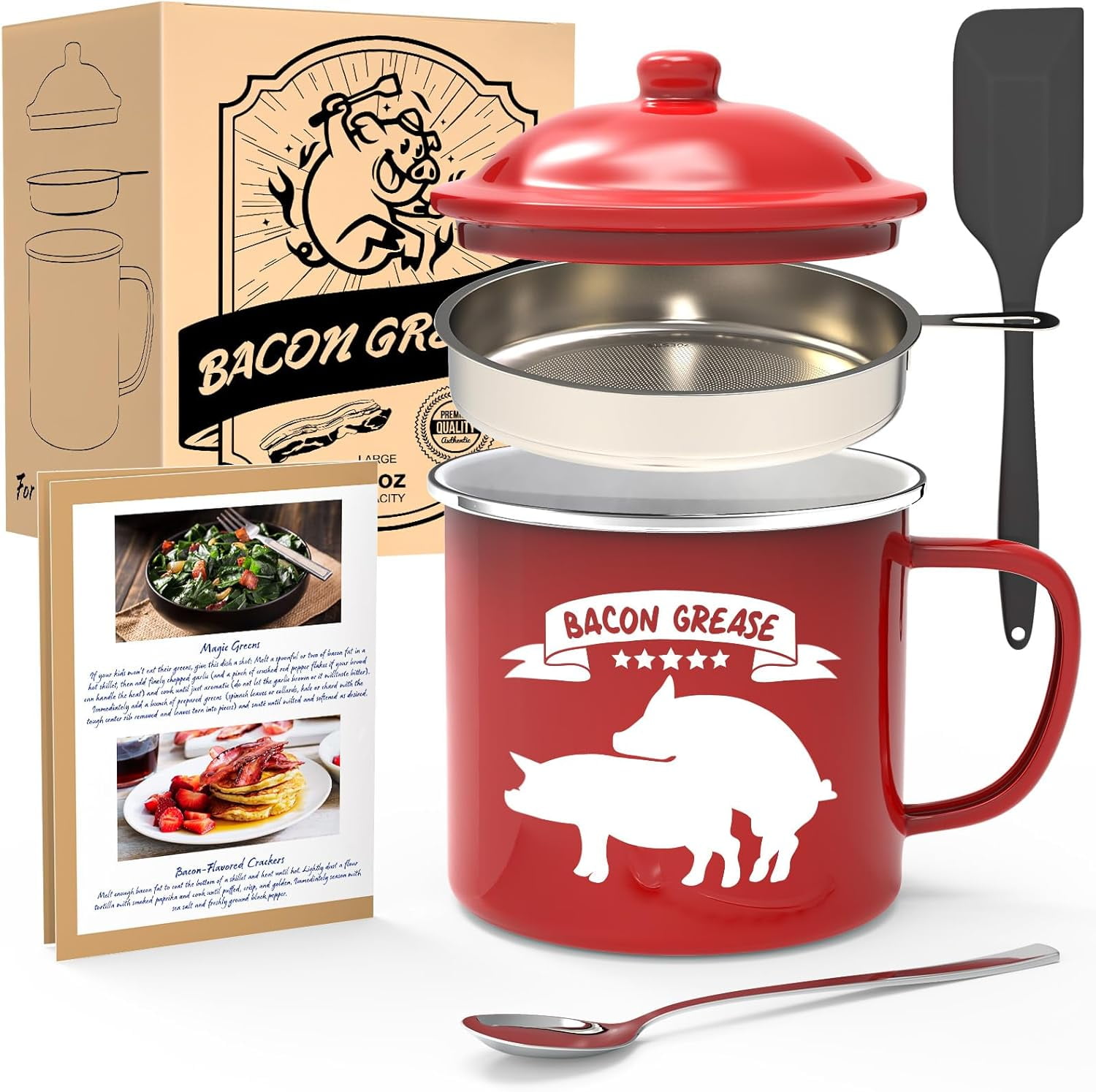HYKE Bacon Grease Container with Strainer - With Food-Grade Spatula and ...