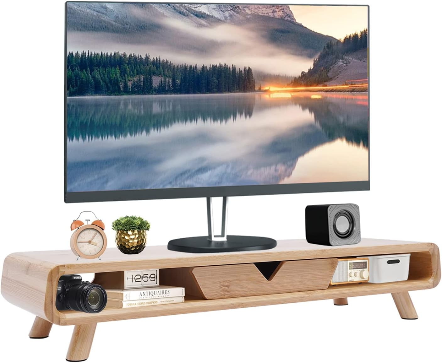 HYKE Bamboo Monitor Stand with Drawer - Wooden Monitor Riser for Desk ...