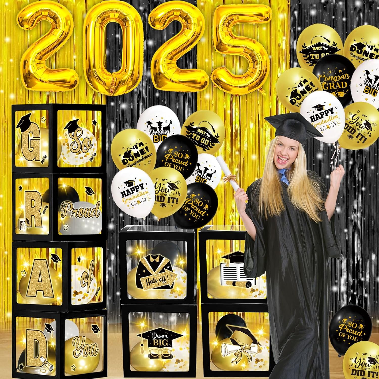 HYKE Black and Gold Balloon Boxes with Letters Graduation Boxes 2025 ...