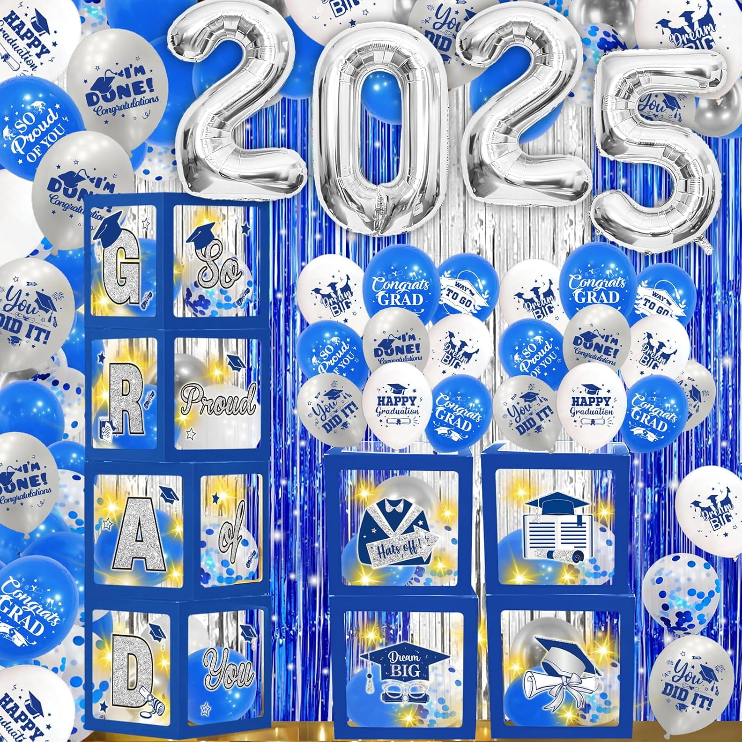 HYKE Blue and Sliver Balloon Boxes with Letters Graduation Boxes 2025 ...