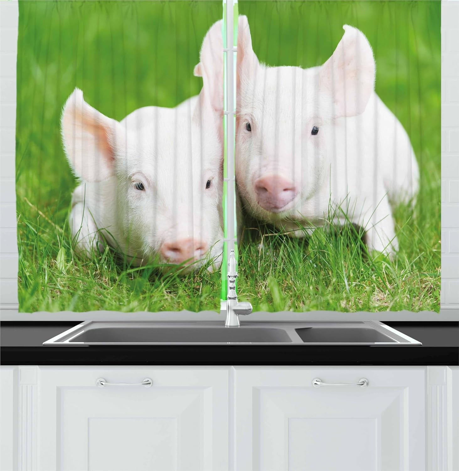 HYKE Cartoon Kitchen Curtains, 2 Young Piglet on Green Grass Pig Farm ...
