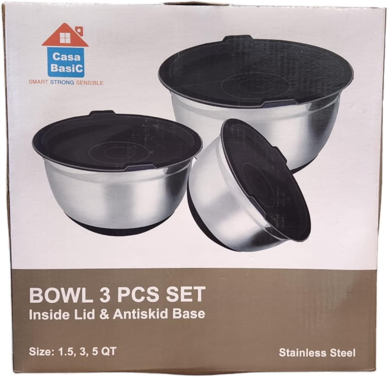 HYKE Casa Basic 3 Piece Bowl Set with Inside Lid and Antiskid Base, Size 1.5, 3 and 5 QT ...