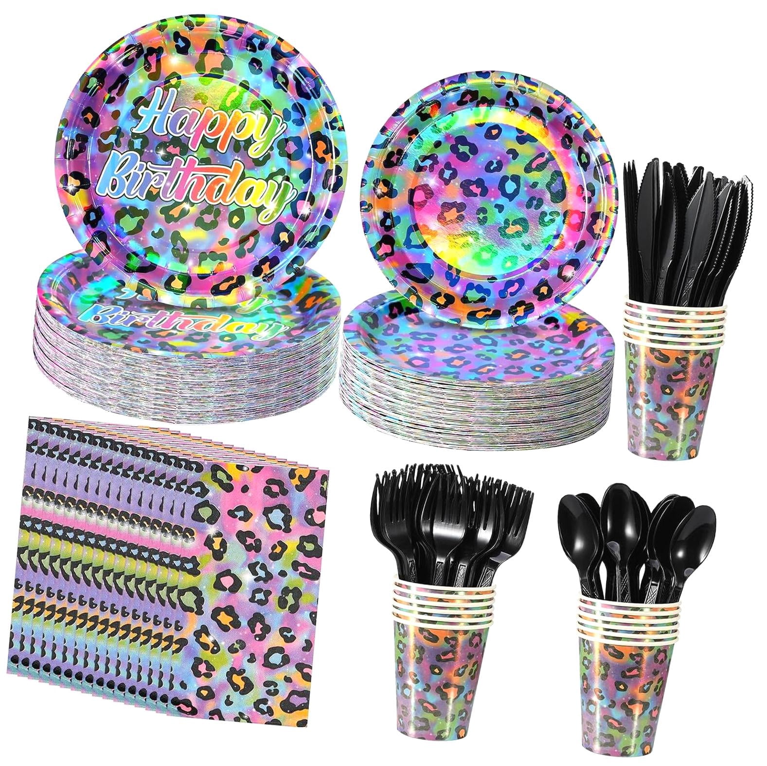 HYKE Cheetah Print Party Set for 25, Featuring Iridescent Neon Rainbow ...