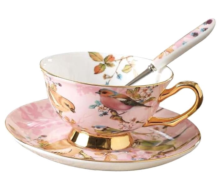 HYKE China Blue Bird Tea Cup with Saucer Spoon 3 Piece Set (7oz ...