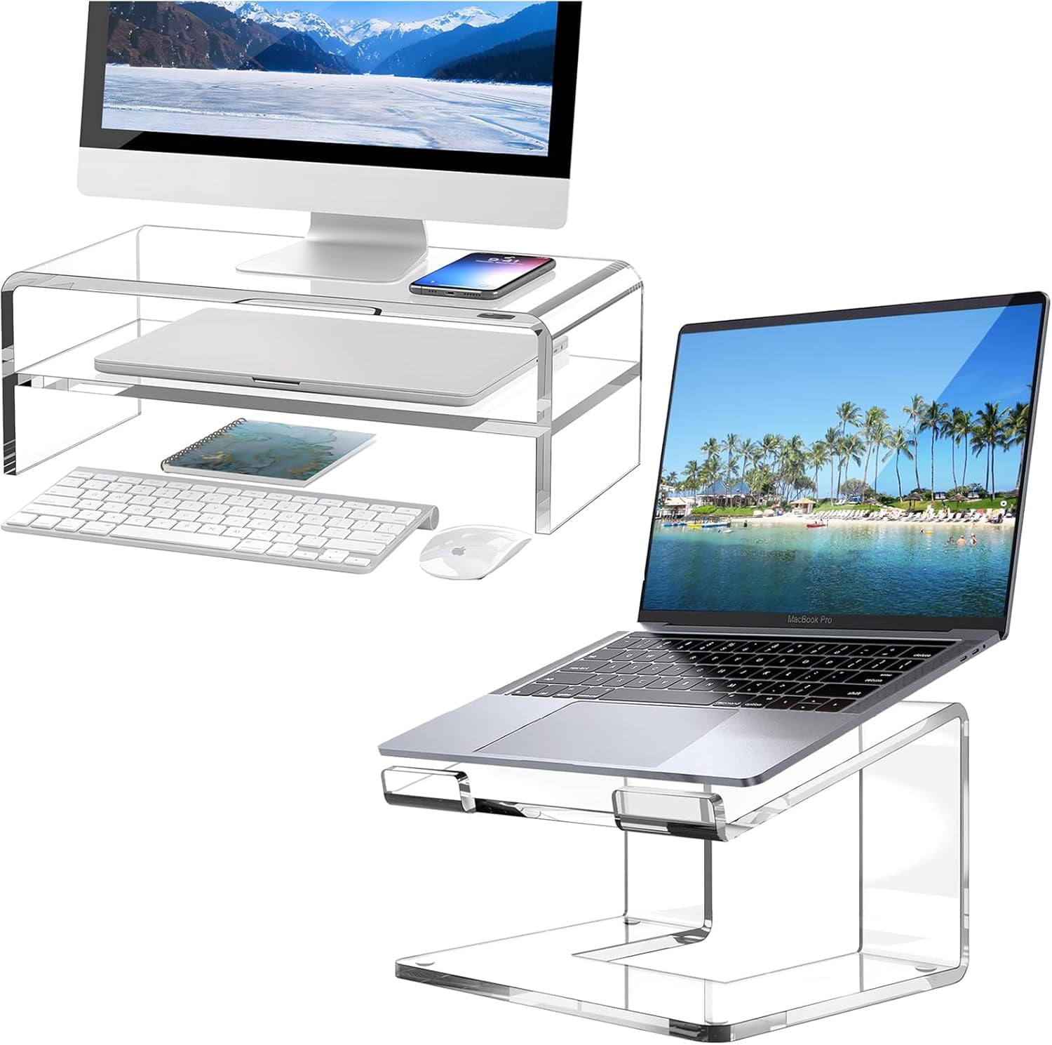 HYKE Clear Acrylic Monitor Stand Riser 2 Tier with Acrylic Laptop Stand ...