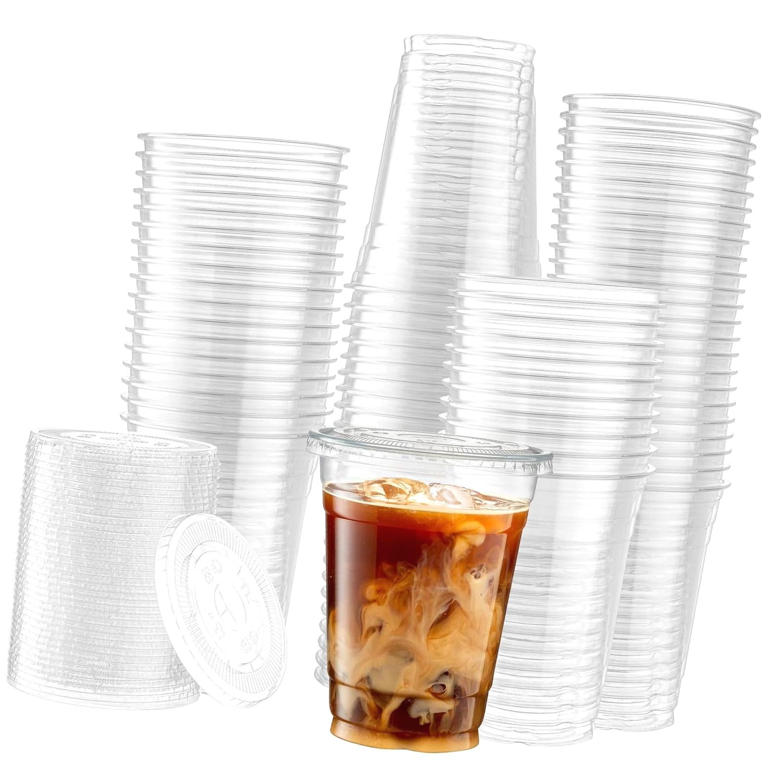 HYKE Crystal Clear PET Cups With Flat lids for Iced Coffee,Milkshake, Cold Drinks, Slush Cups ...