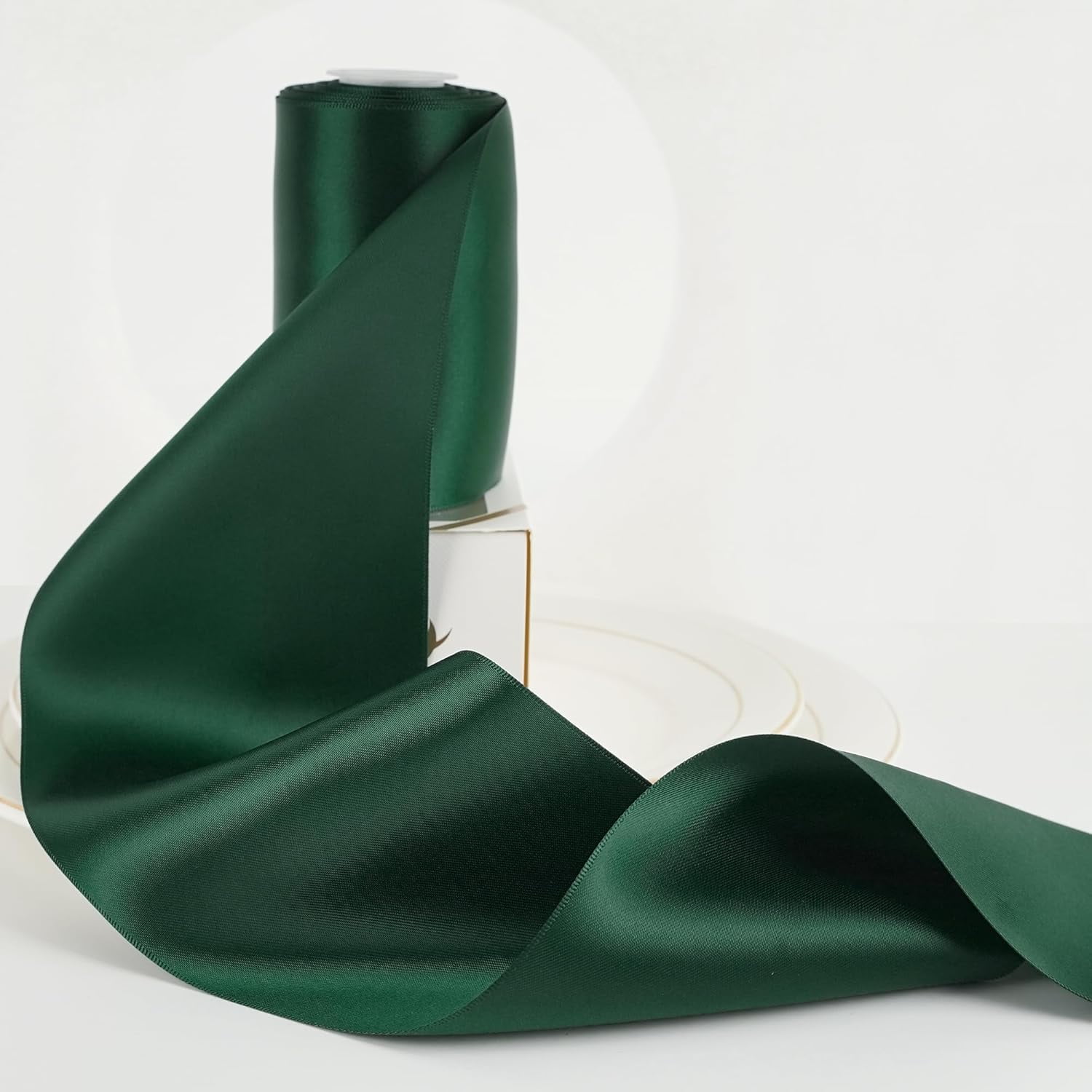 HYKE D Green Ribbon 4 inch Wide Double-Faced Satin Ribbon Hunter Green Ribbons for Chair Sash ...