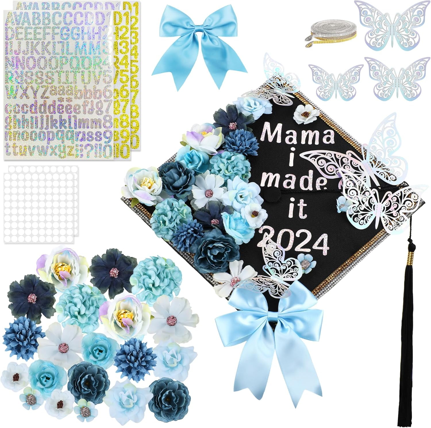 HYKE DIY Graduation Cap Tor - Graduation Caps Blue Bow Gold Silver ...