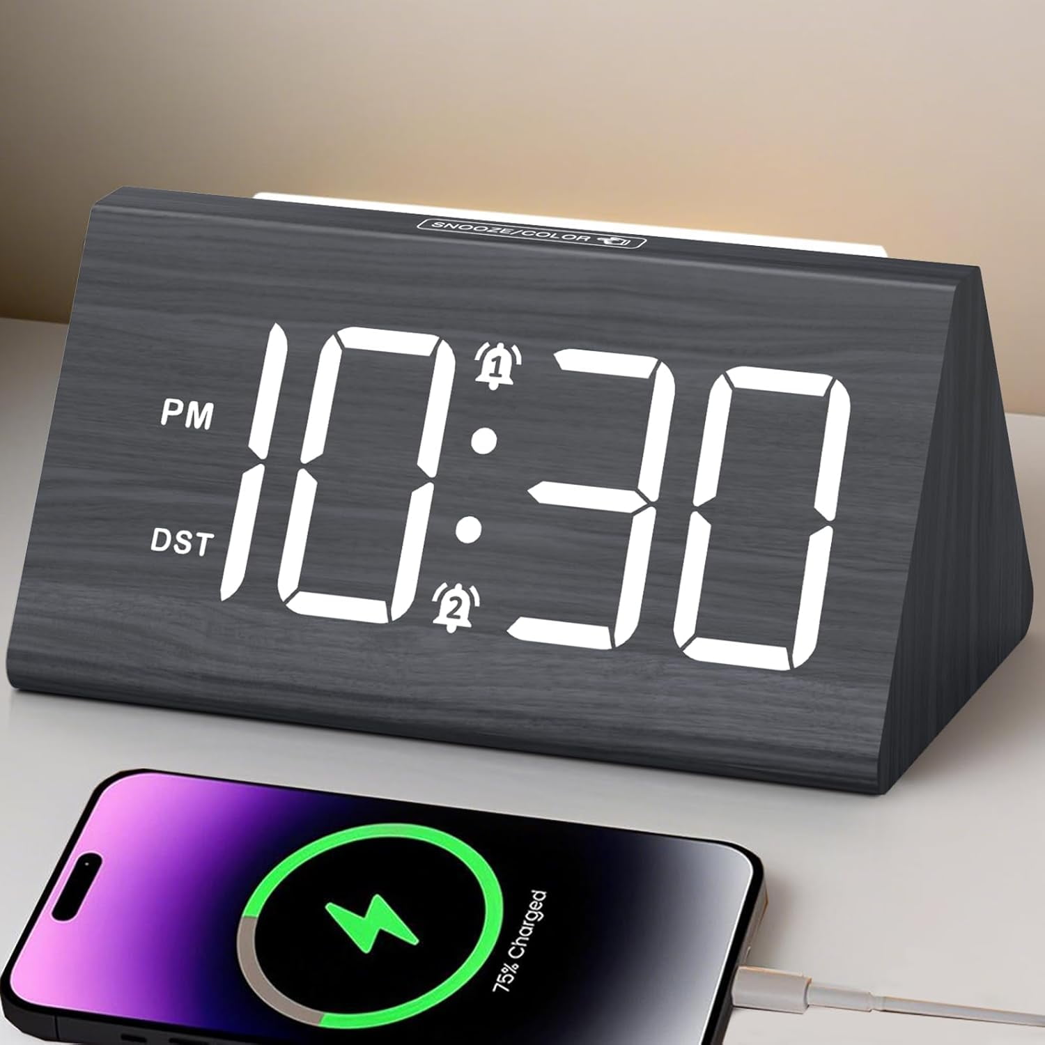 HYKE Digital Clock, Wooden Digital Alarm Clocks with 7 Colors Ambient ...