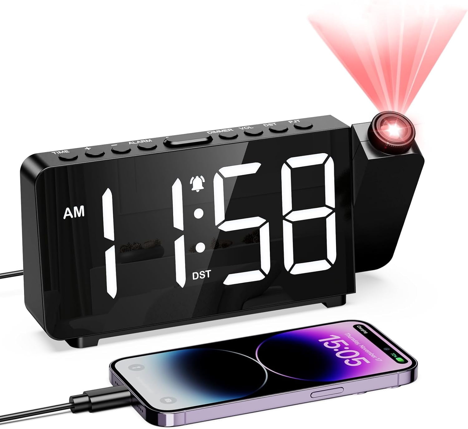 HYKE Digital jection Alarm Clock for Bedroom Ceiling-Alarm Clocks with ...