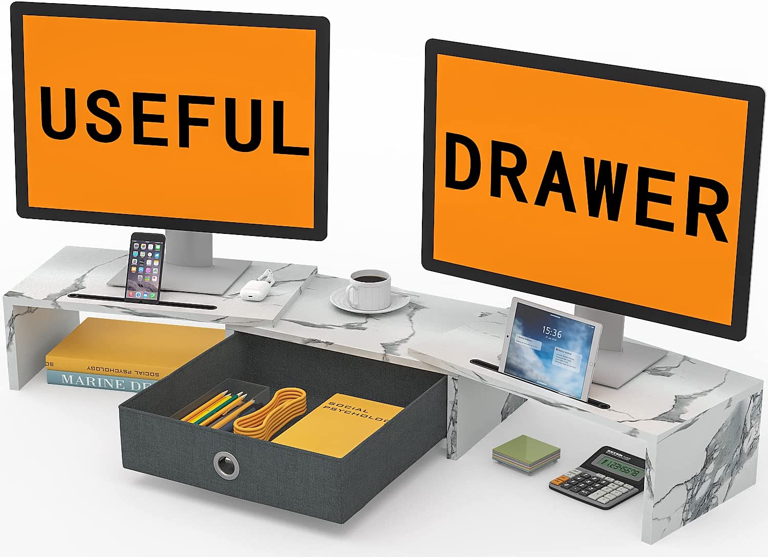 HYKE Dual Monitor Stand Riser with Drawer-Monitor Stand Riser for 2 ...