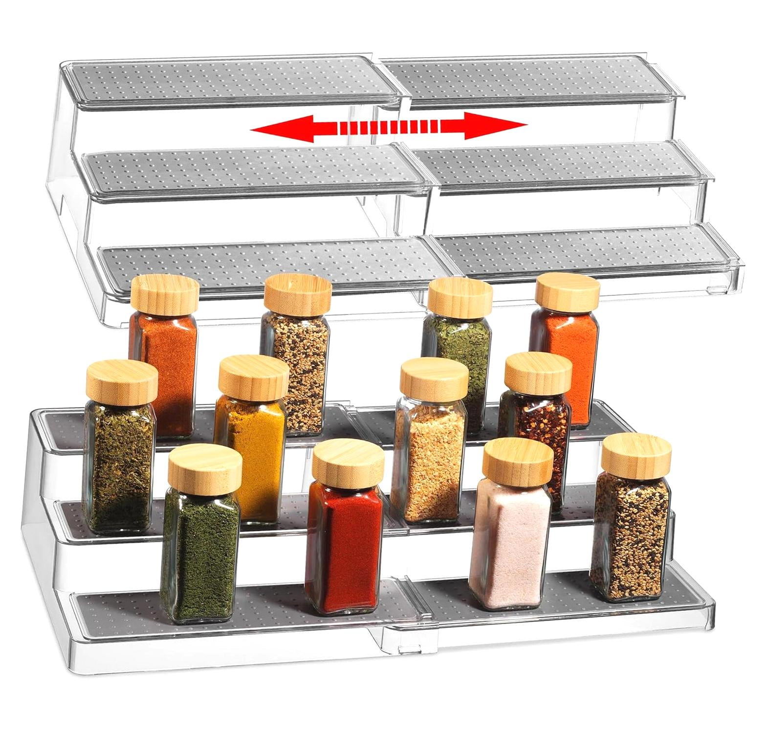 HYKE Expandable Spice Organizer Rack (2-PACK) - 3-Tier Adjustable Clear ...