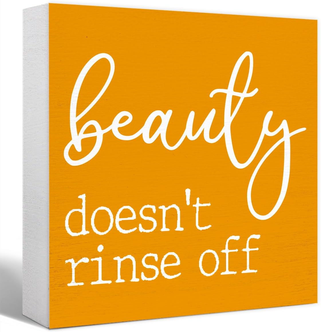 HYKE Funny Bathroom Orange Wood Sign Beauty Doesn't Rinse Off Wood Block Sign for Bathroom Shelf ...