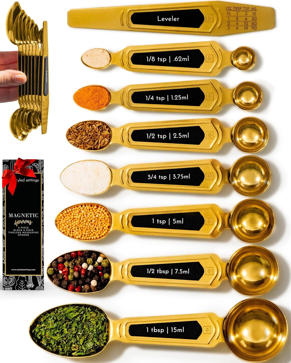 HYKE Gold Magnetic Measuring Spoons with Ler - Featuring 8-Piece ...