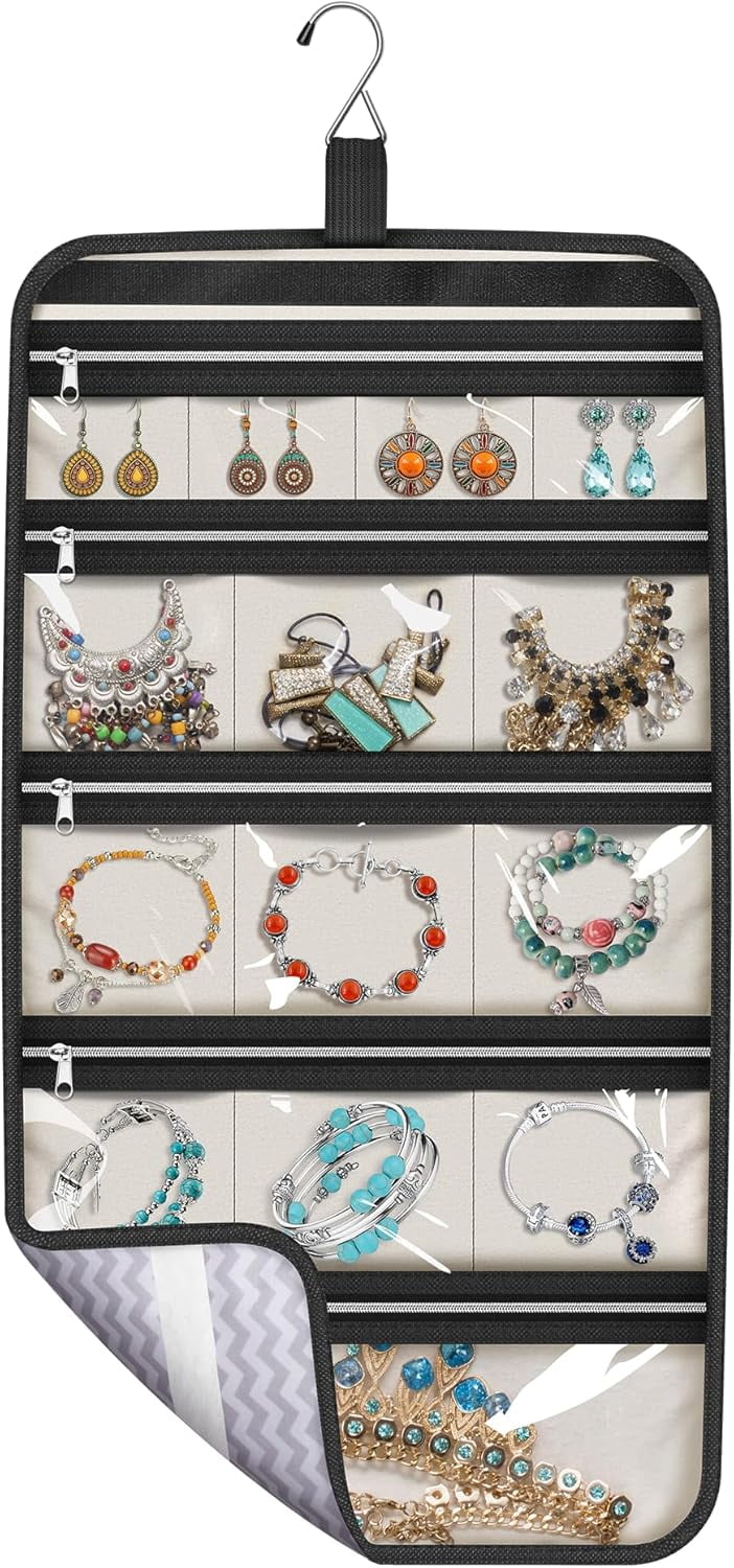 HYKE Hanging Jewelry Organizer Travel Foldable Jewelry Roll Storage ...