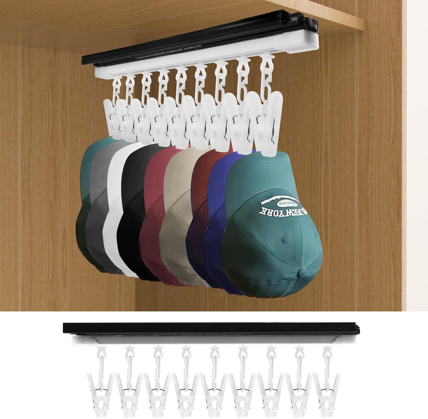 HYKE Hat Hangers for Closets - Pull Out Hat Rack with 10 Clips, Hanging ...