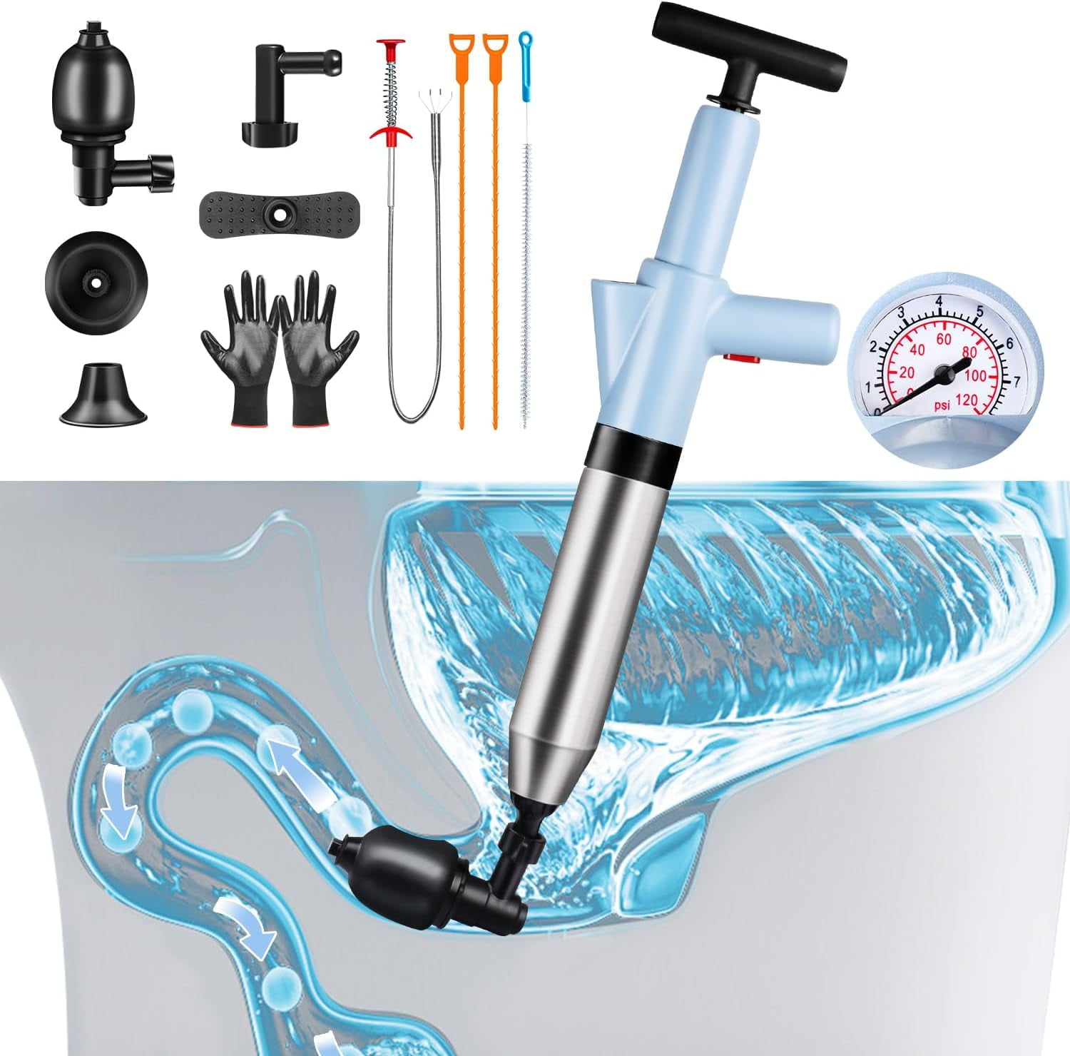 HYKE High-Pressure Air Toilet Plunger - Stainless Steel Drain Blaster ...