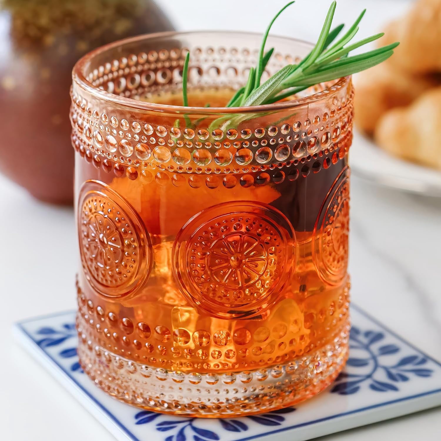 HYKE Hobnail Beaded Floral Rose Gold Drin Glasses Set of 6, (10 oz ...