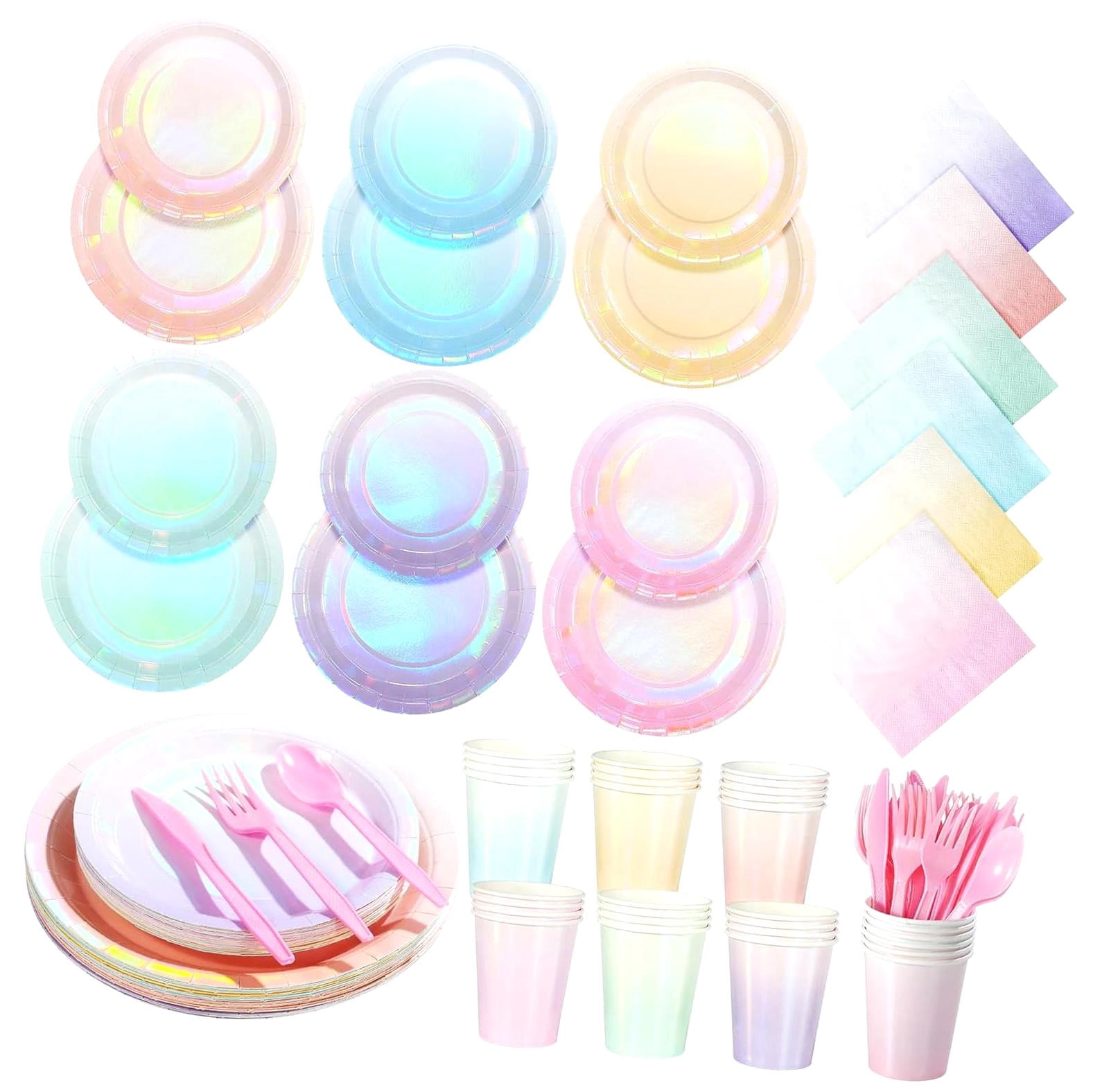 HYKE Iridescent Pastel Plates and Napkins for 25 Guests, Pastel Rainbow ...
