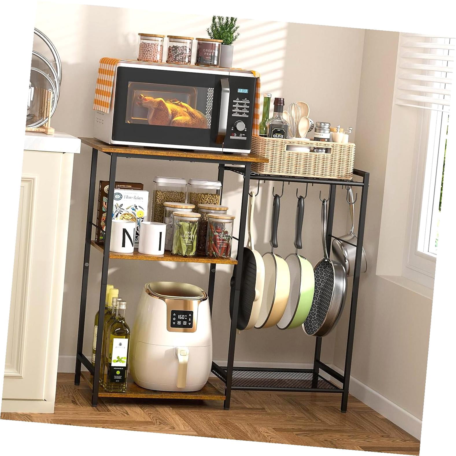 HYKE Kitchen Stand with Pots Rack, Utility Microwave Oven Stand with ...