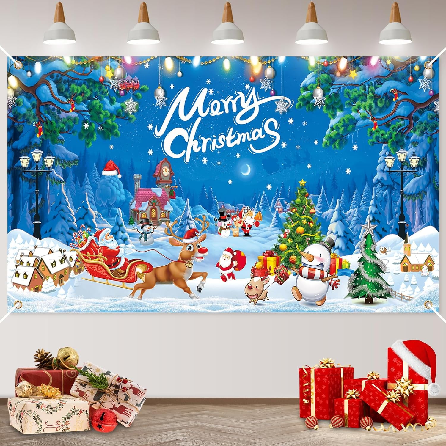 HYKE Large Christmas Banner, Vintage Santa Sleigh Deer Snowman Large Merry Christmas Banner ...