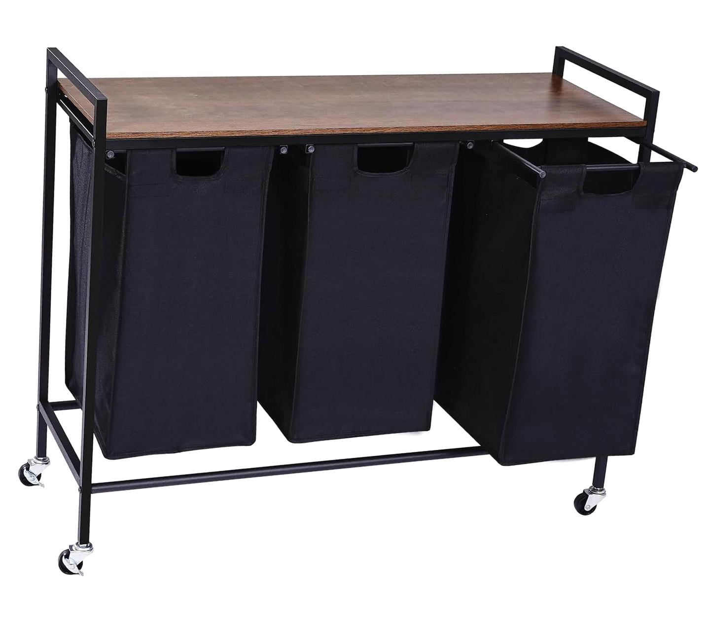 HYKE Laundry Hamper With Wheels 3 Removable Sorting Bags, Wooden Top ...