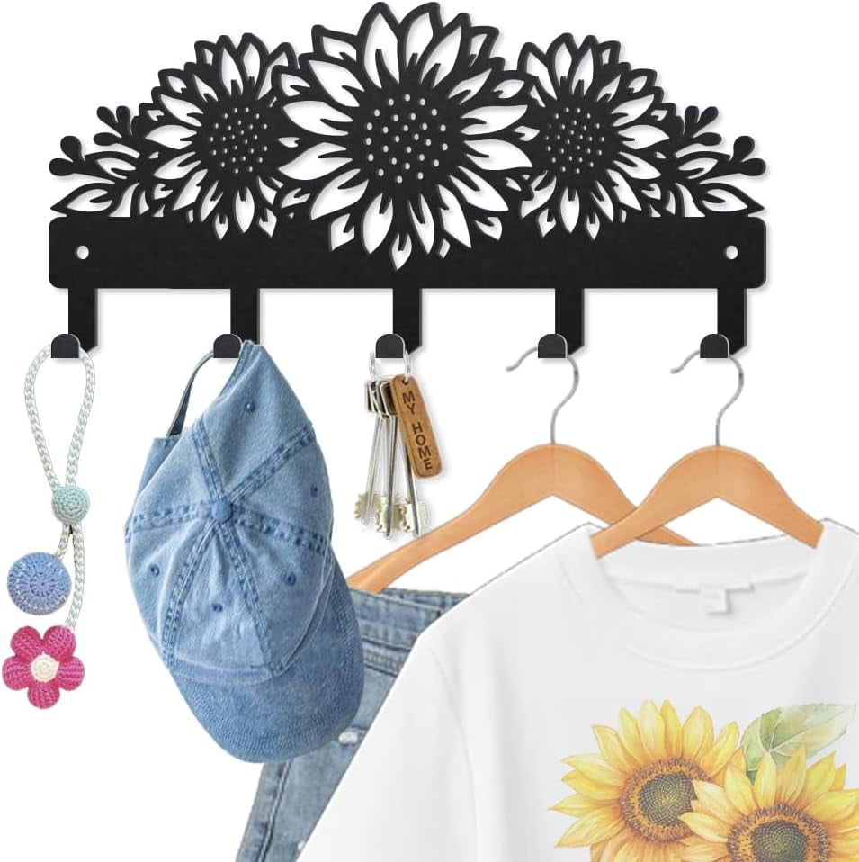 HYKE MAOYDIY Sunflower Metal Key Hook Flowers Leaves Coat Rack Wall ...