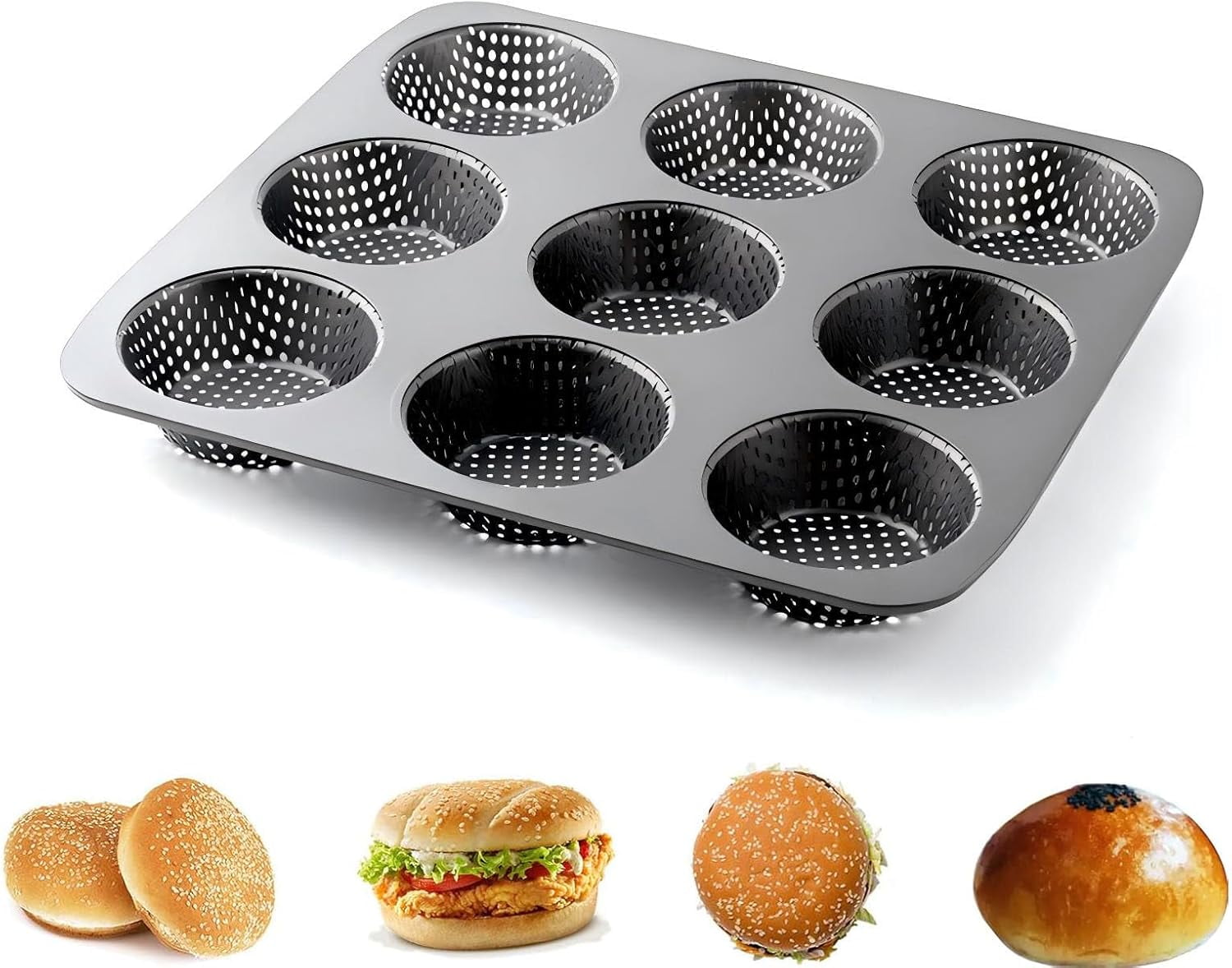 HYKE Mini Hamburger Bun Pan, 3.5 Inch Non-Stick Carbon Steel Perforated ...