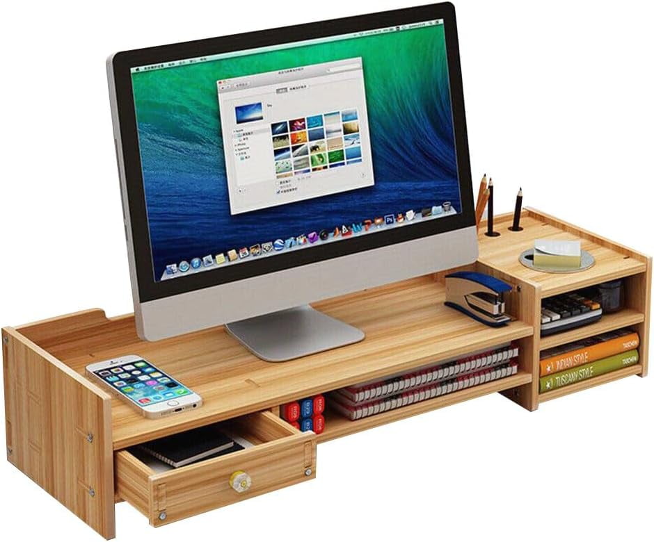 HYKE Monitor Riser Desk Organizer-Wood 2 Tier Laptop Stand With Drawers ...