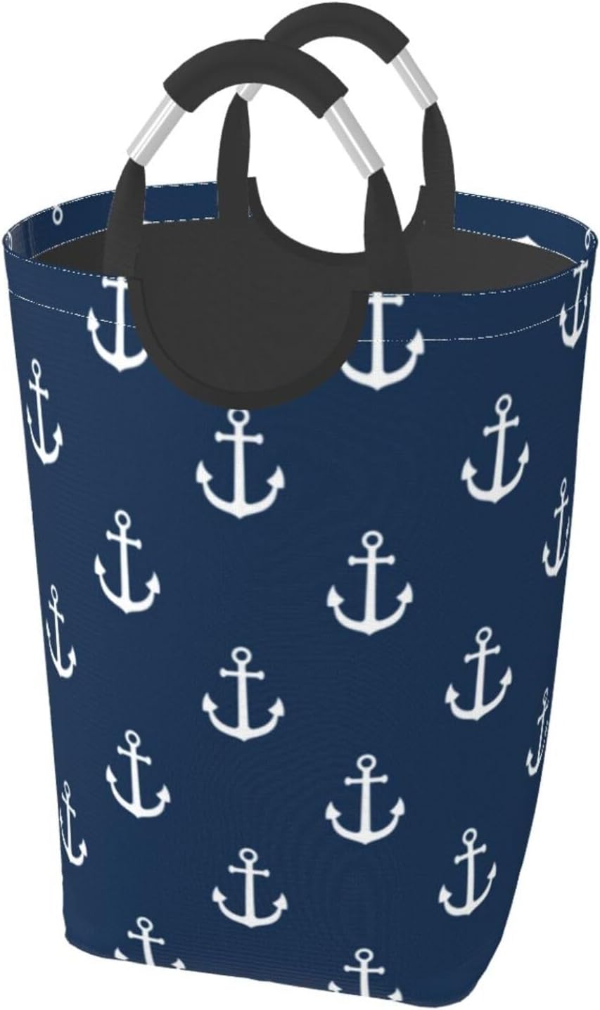 HYKE Navy Blue Anchor Icon Large Laundry Basket Marine Theme Laundry ...