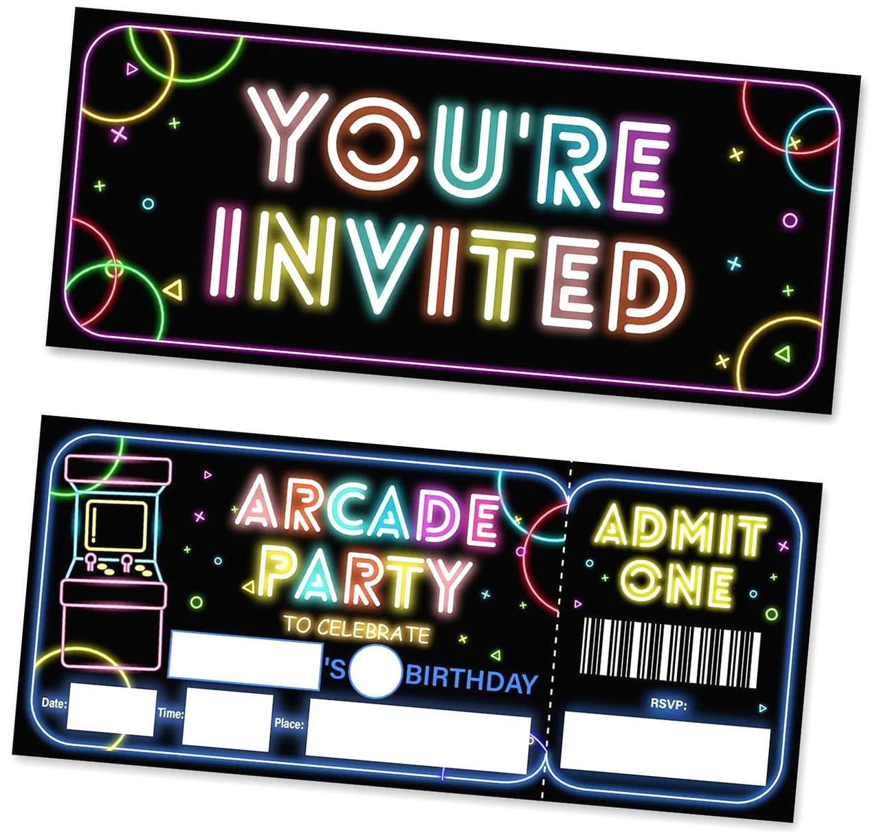 HYKE Neon Arcade Themed Party Invitations - Birthday Fill-in (20 ...