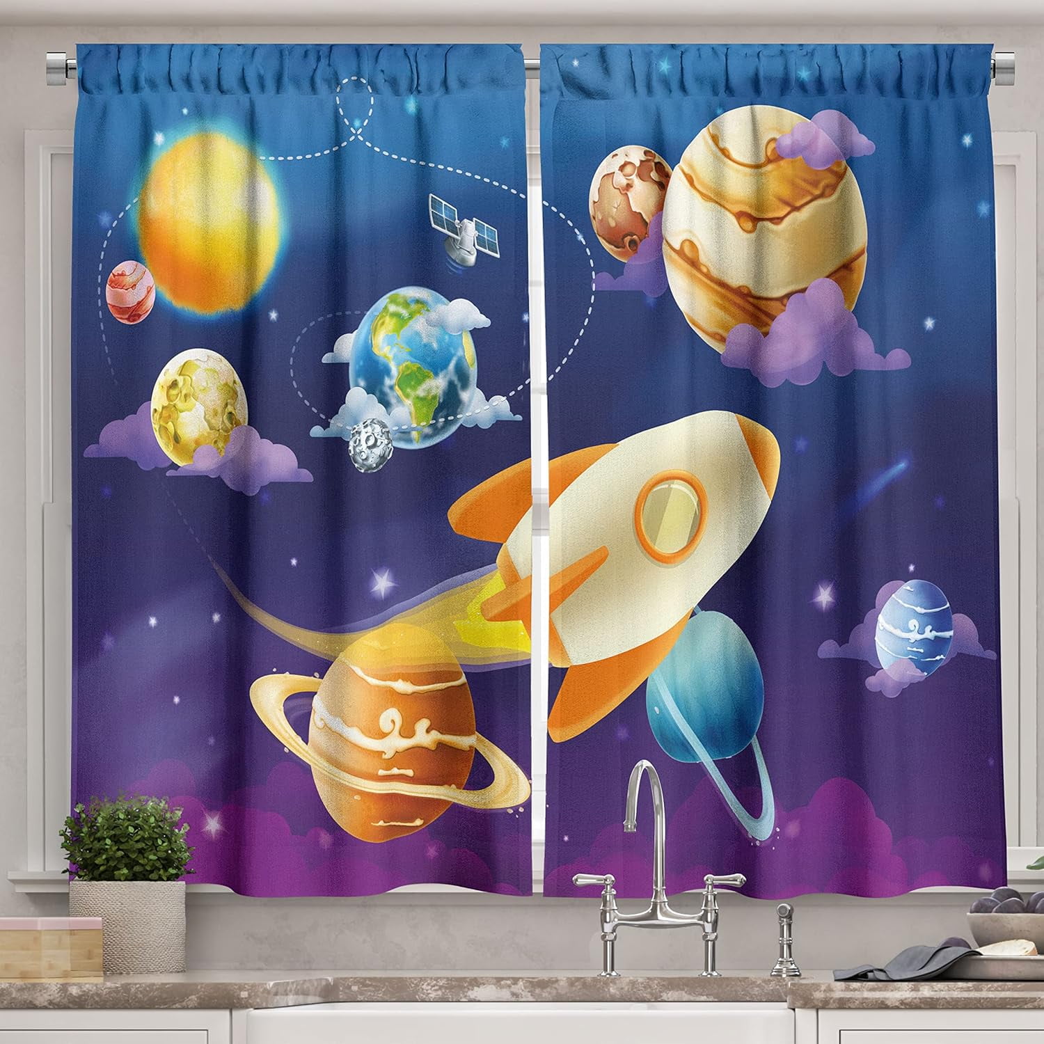 HYKE Outer Space Long Kitchen Curtains, Solar System of Planets with a ...