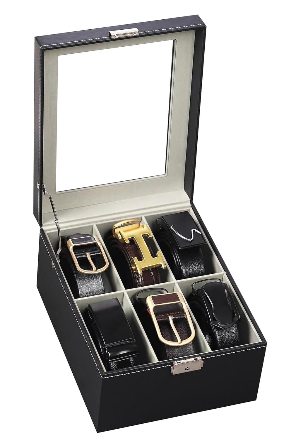 HYKE PU Leather Belt Organizer with 6 Sections & Clear Glass Lid, Neat ...
