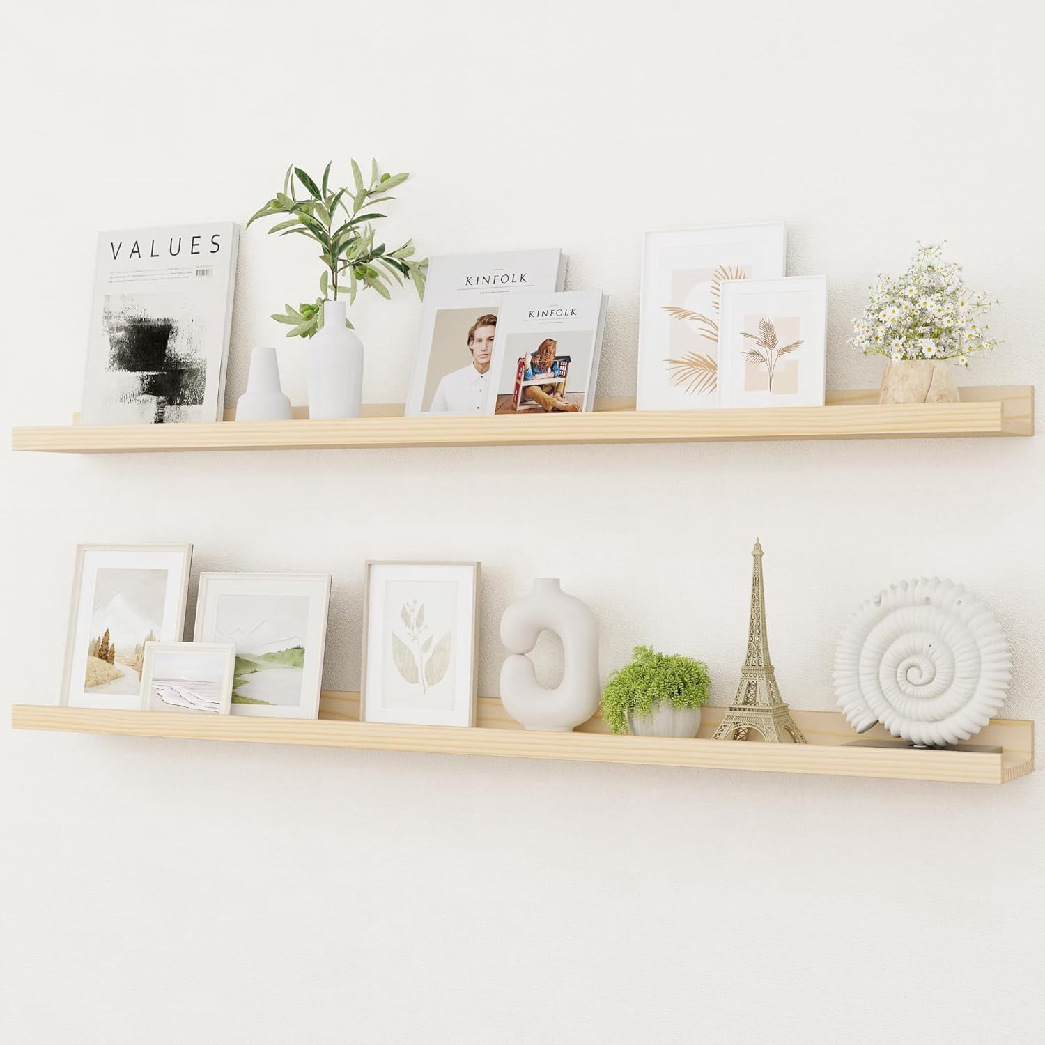 HYKE Picture Ledge Shelf, Solid Pine Wood Rustic Floating Shelves for ...