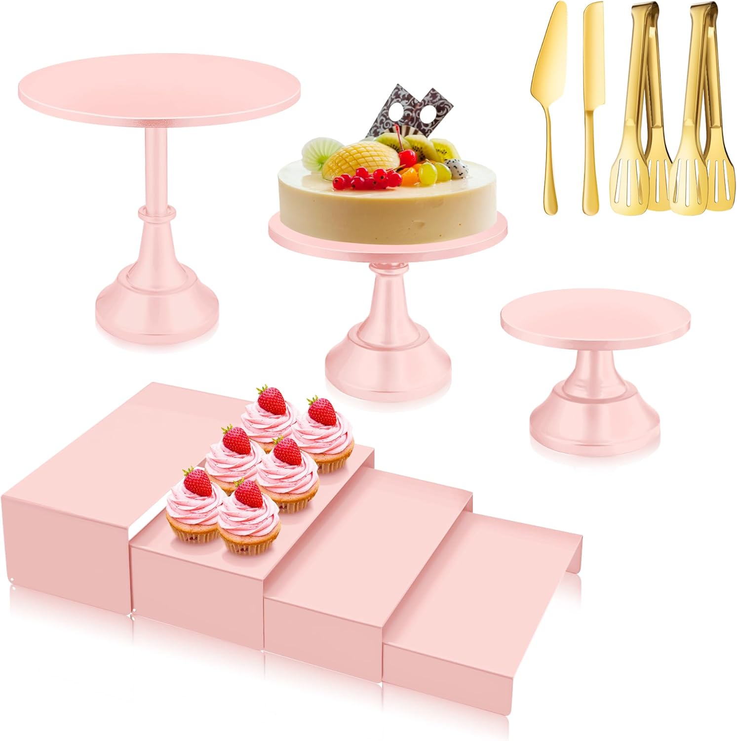 HYKE Pink Dessert Table Display Set, Metal Round Cake Pedestal Stands ...