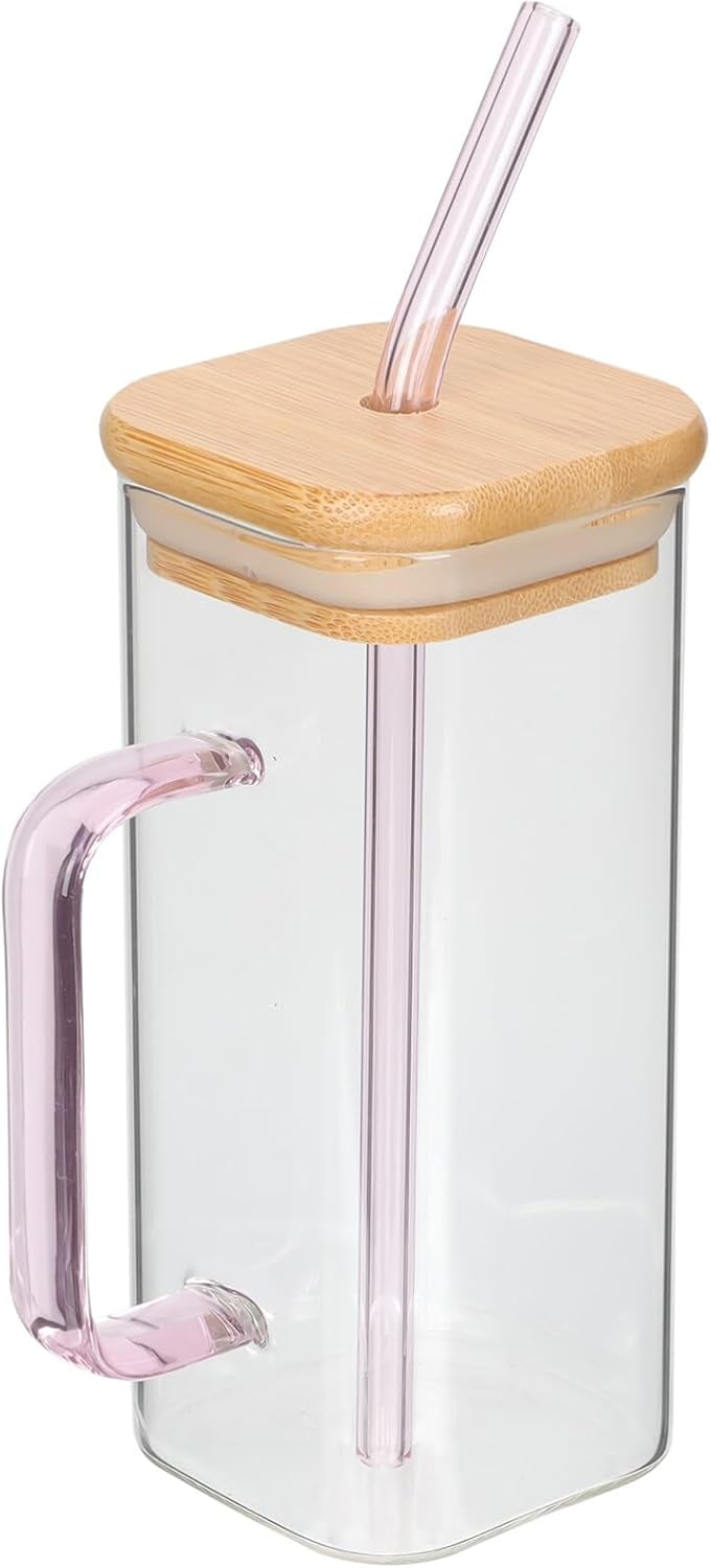 HYKE Rectangular Cups Glass Straw Cup with Lids rin Glasses with Handle ...