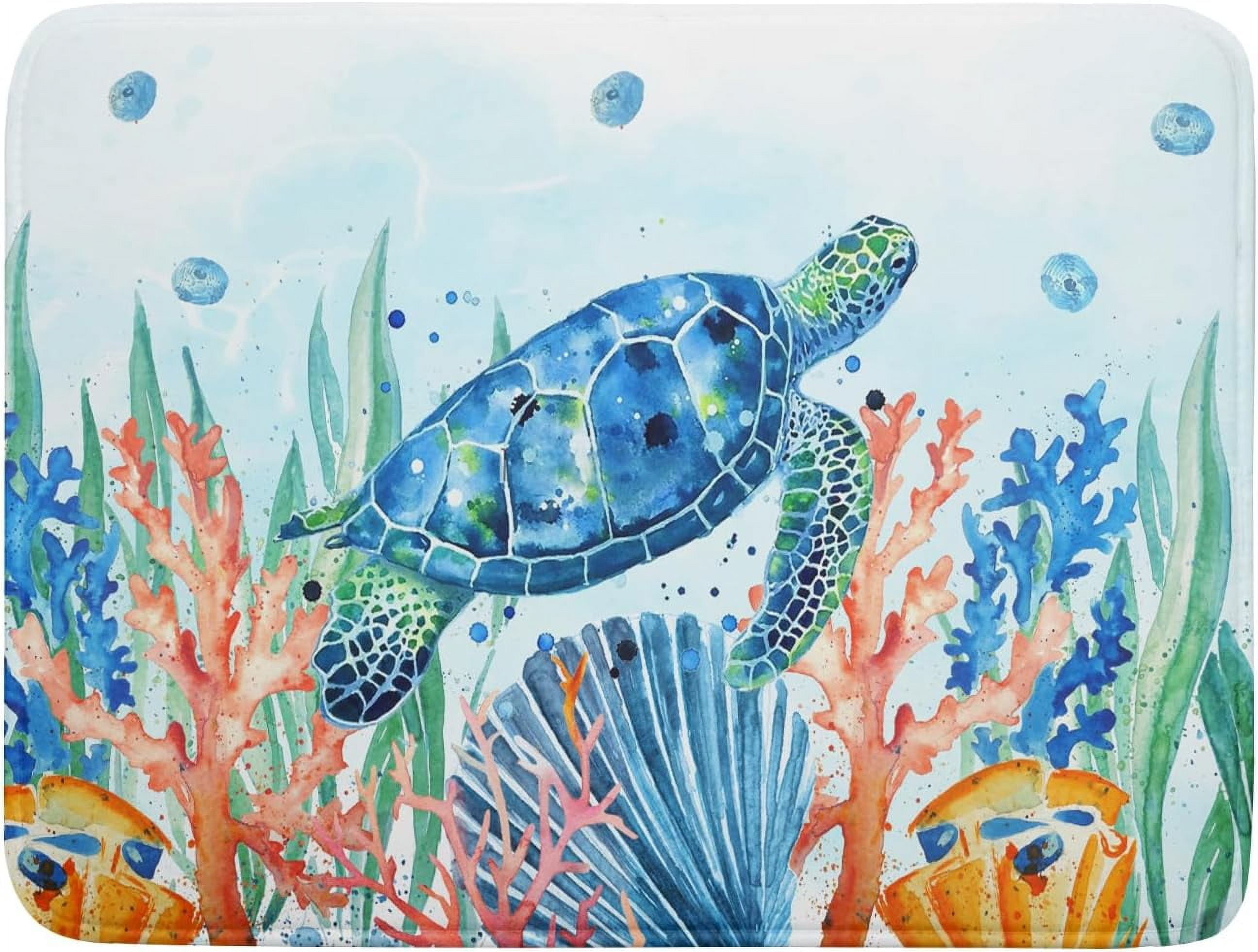 HYKE Sea Turtle Dish Drying Mat 18x24in Watercolor Blue Tortoise Dish Drainer Mats Nautical ...