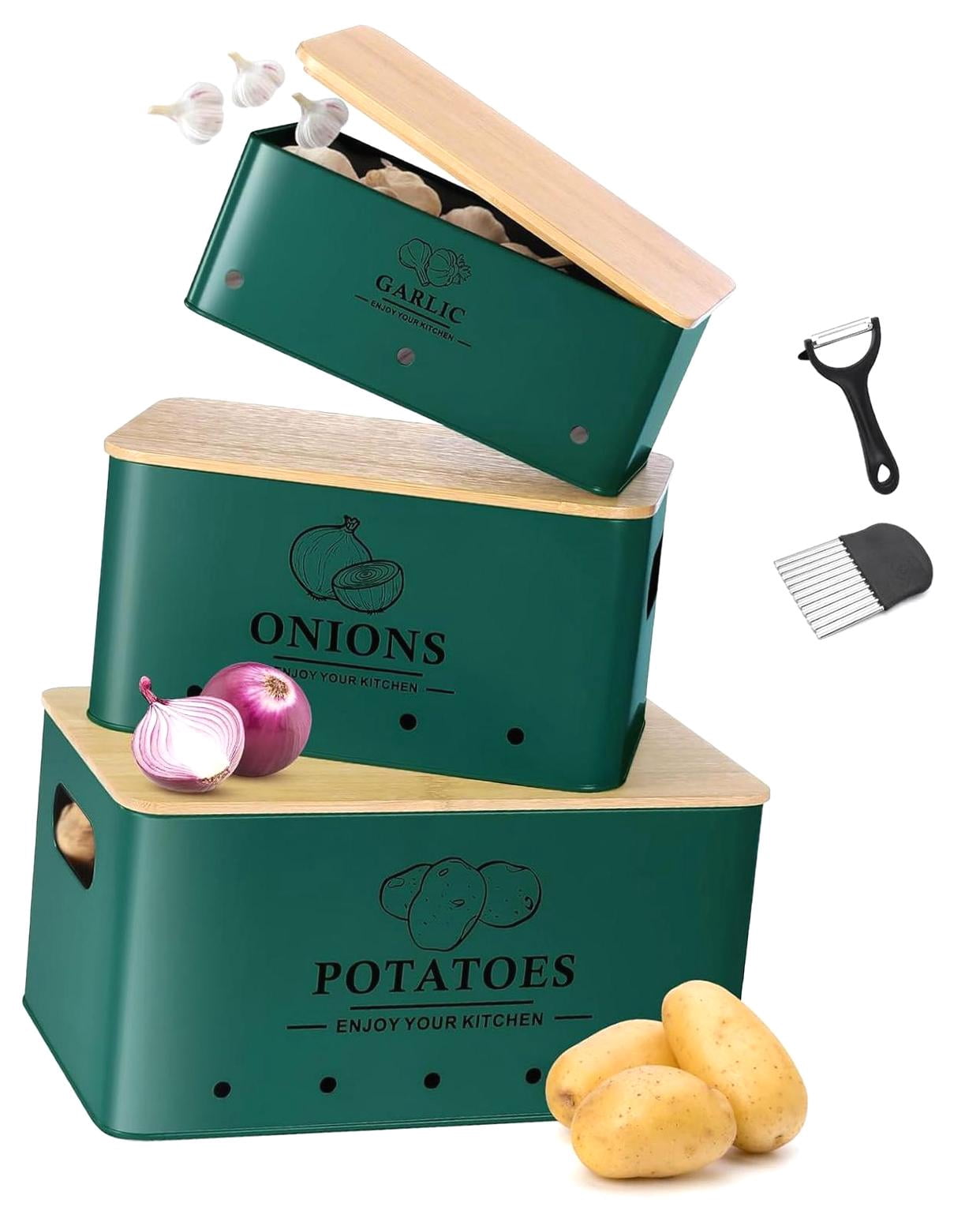 HYKE Set of 3 Kitchen Vegetable Storage Containers, Metal Potato Onion ...
