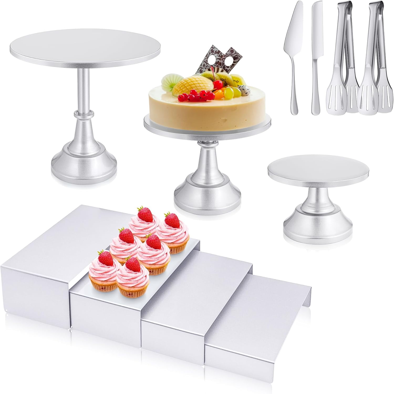 HYKE Silver Dessert Table Display Set, Metal Round Cake Pedestal Stands ...