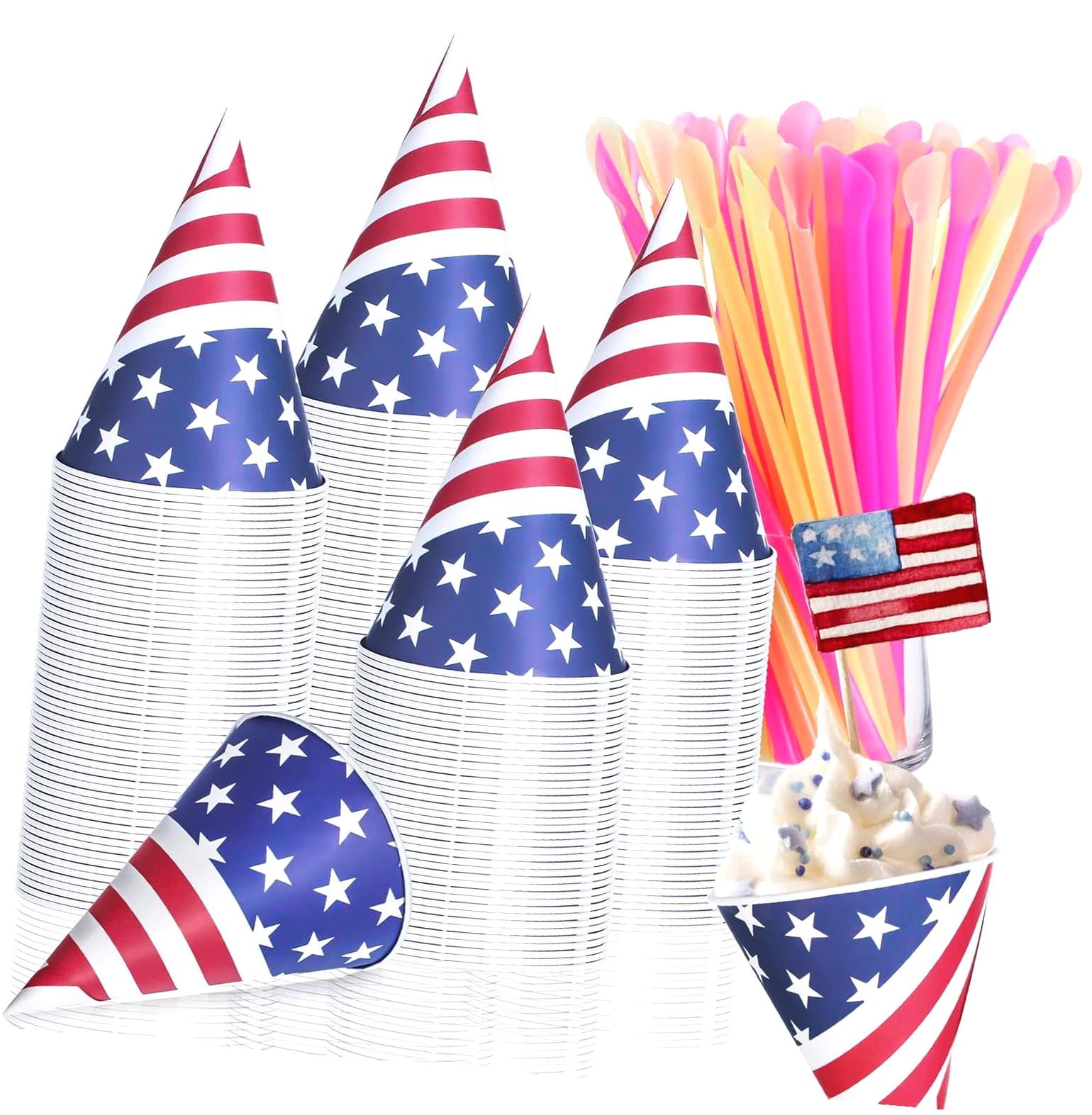 HYKE Snow Cone Cups and Spoon Straws American USA Flag Leakproof Paper ...